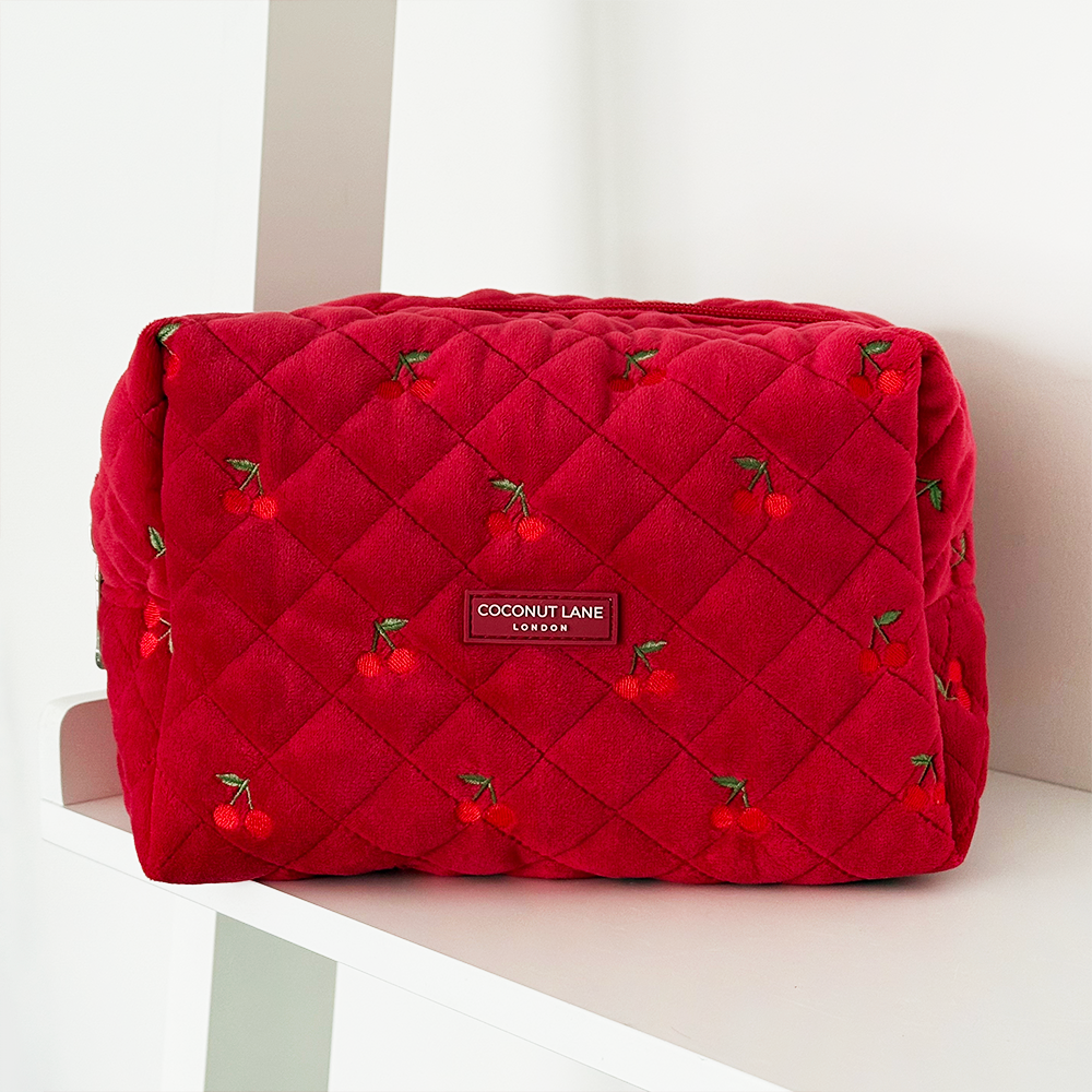 Quilted Cherry Velvet Make Up Bag | Makeup Bags | Coconut Lane